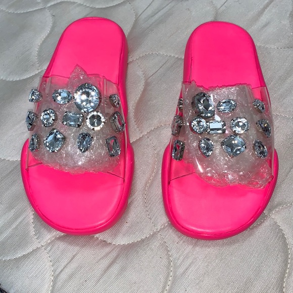 Shoes | Neon Pink Rhinestone Slides | Poshmark